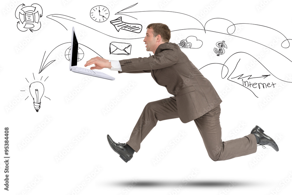 Businessman running with laptop on white Stock Photo | Adobe Stock