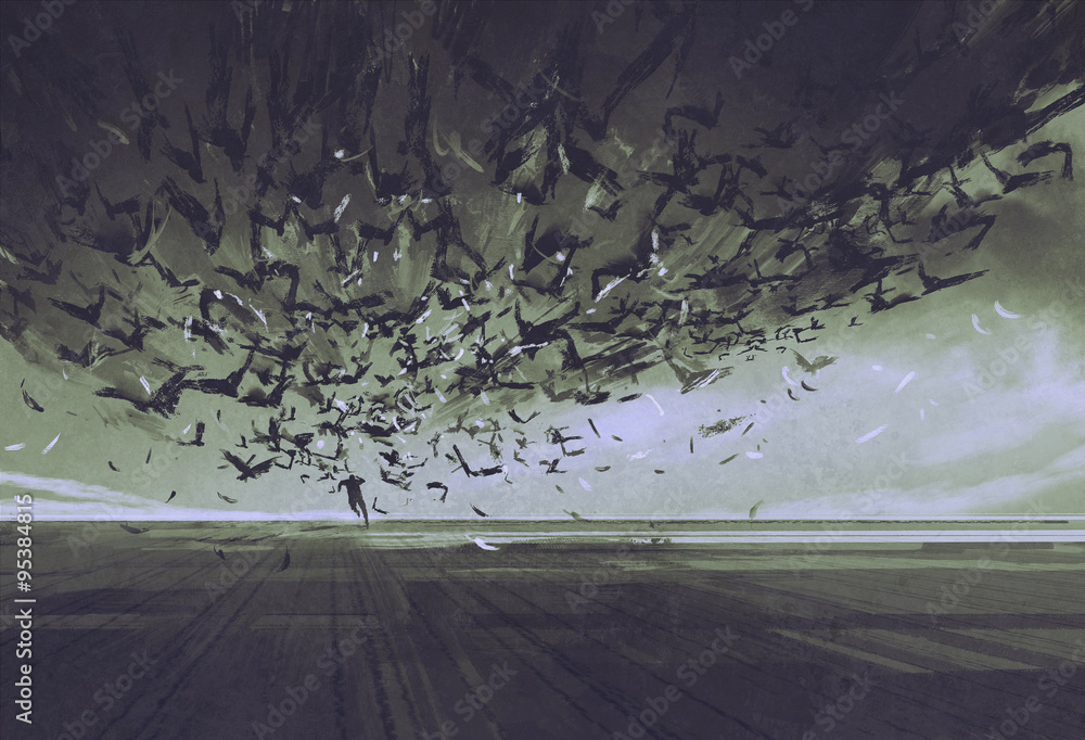 attack of crows,man running away from flock of birds,illustration ...