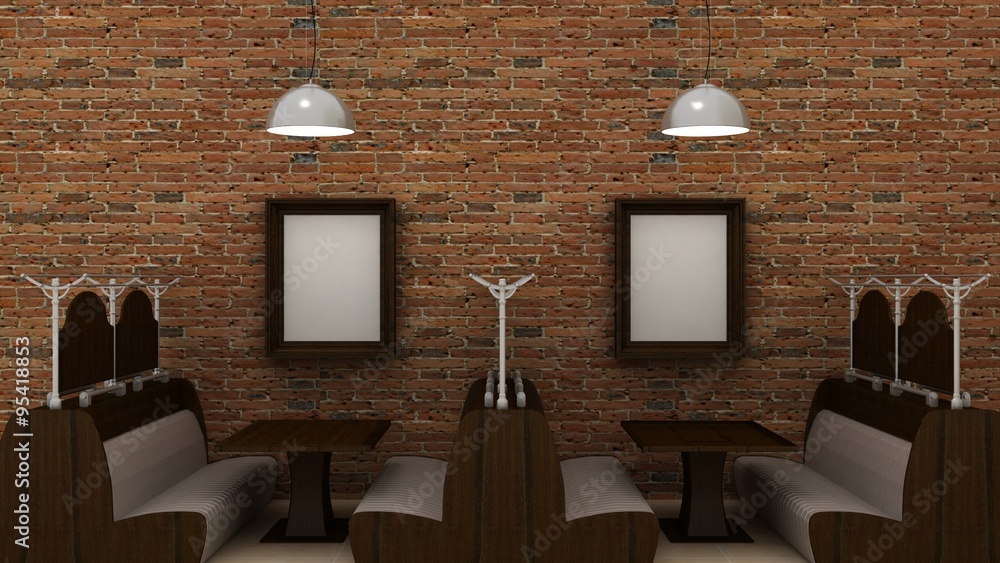 Empty picture frames in classic cafe interior background on the brick ...