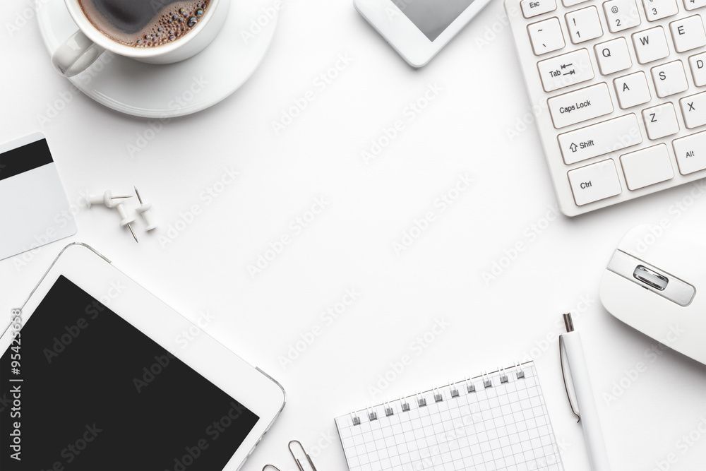 overhead of white office table with copy space Stock Photo | Adobe Stock