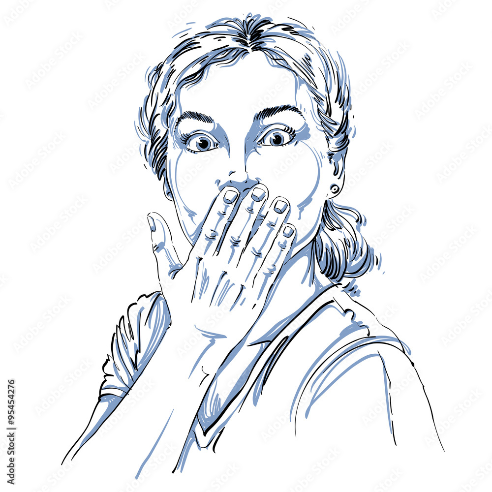 Monochrome vector hand-drawn image, shocked young woman. Black a Stock ...