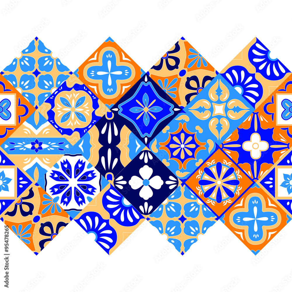 Mexican stylized talavera tiles seamless border in blue orange and ...