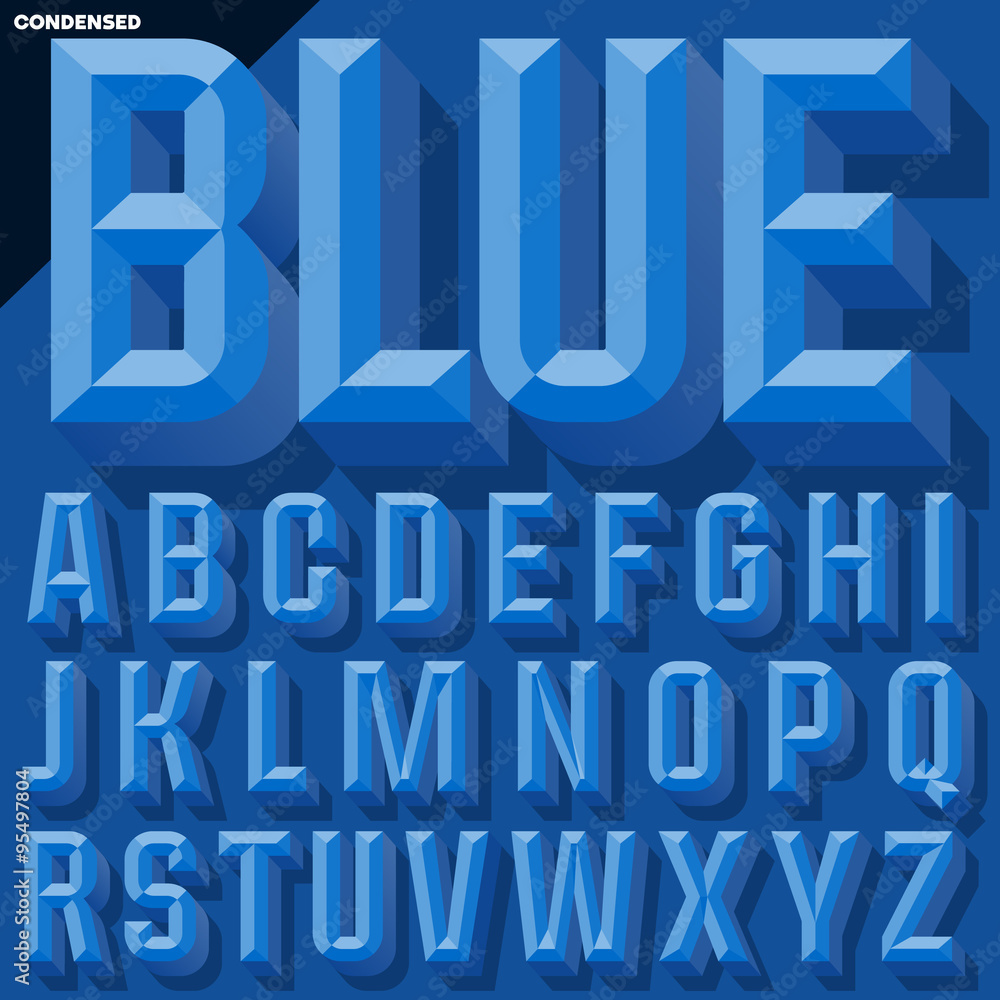 Vector 3D blue condense beveled alphabet with shadow. Simple colored ...