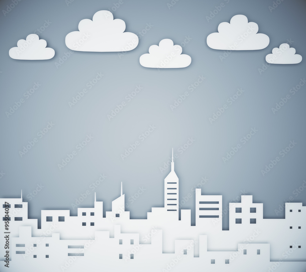Paper layout of city with skyscrapers and clouds on the grey bac Stock ...