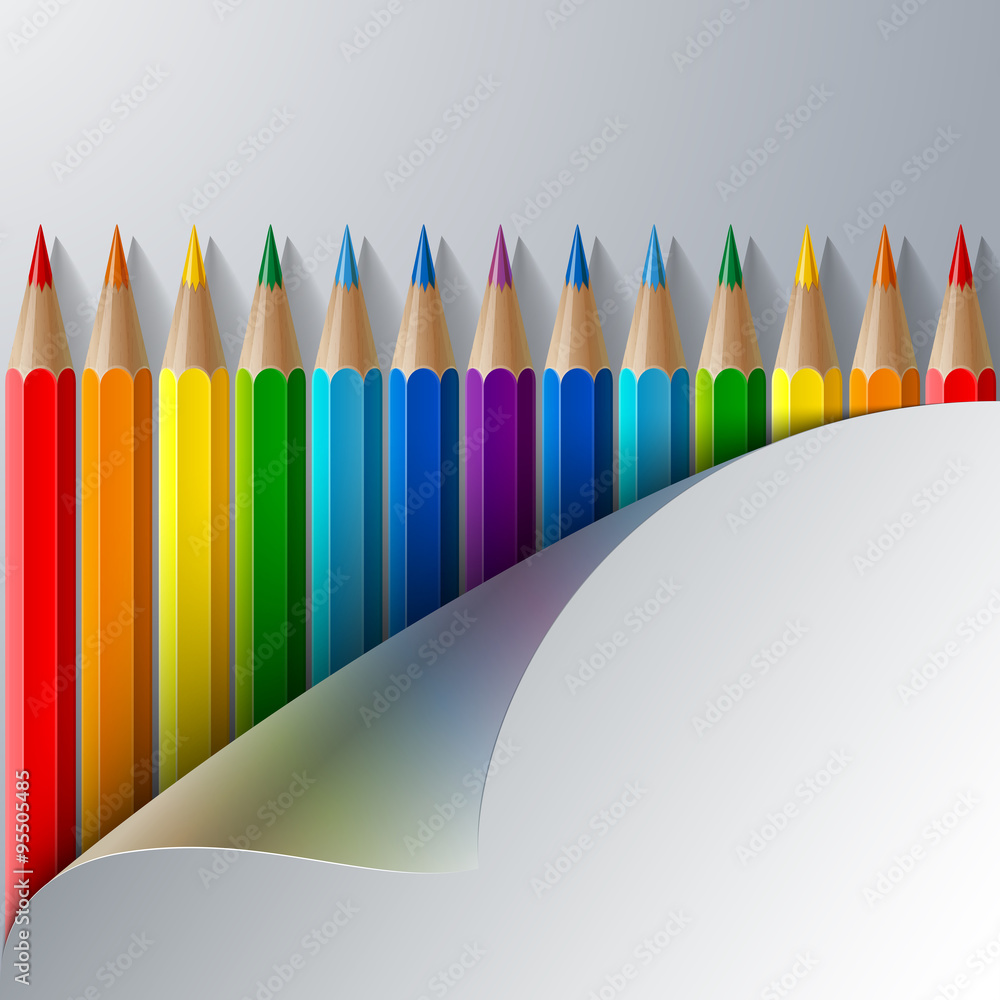 Rainbow colored pencils and realistic white paper turn corner Stock ...