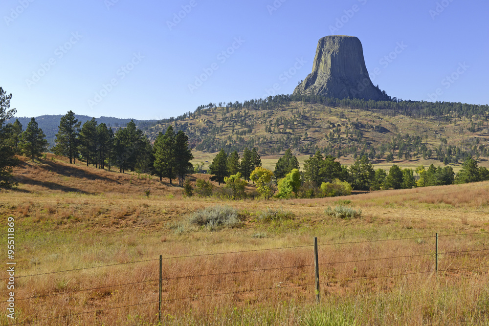 Devils Tower National Monument, a geological landform rising from the ...