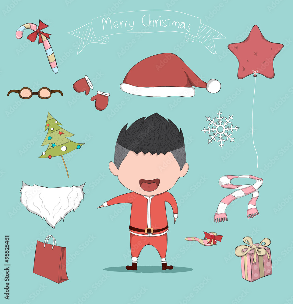 santa cute and dress equipment. drawing by hand vector and digit Stock ...
