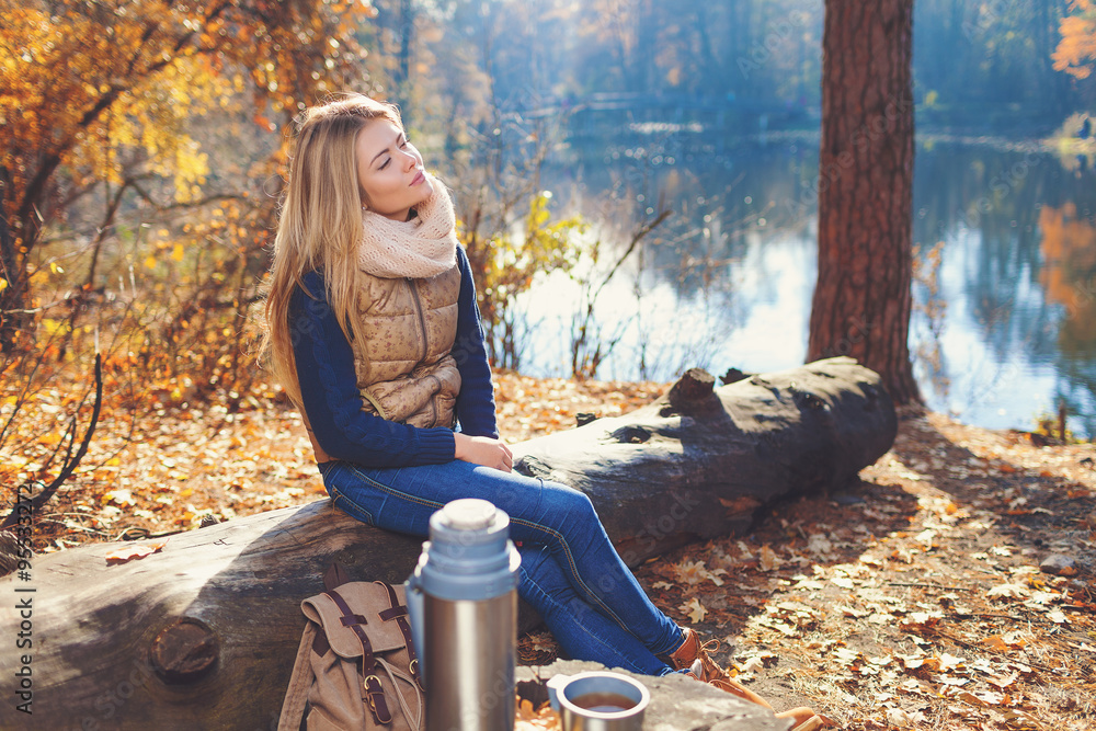 Active healthy woman hiking in beautiful forest. Portrait of an ...