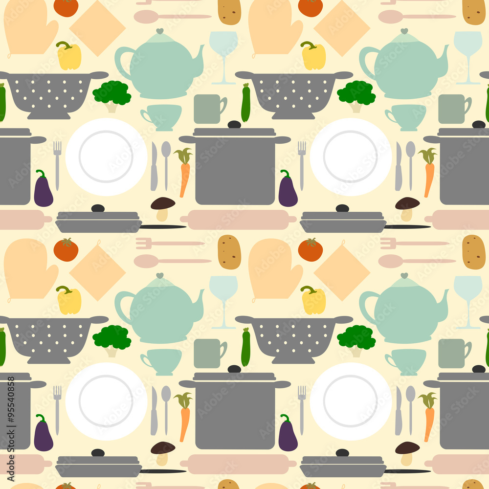 kitchen utensil and food seamless vector pattern background ...