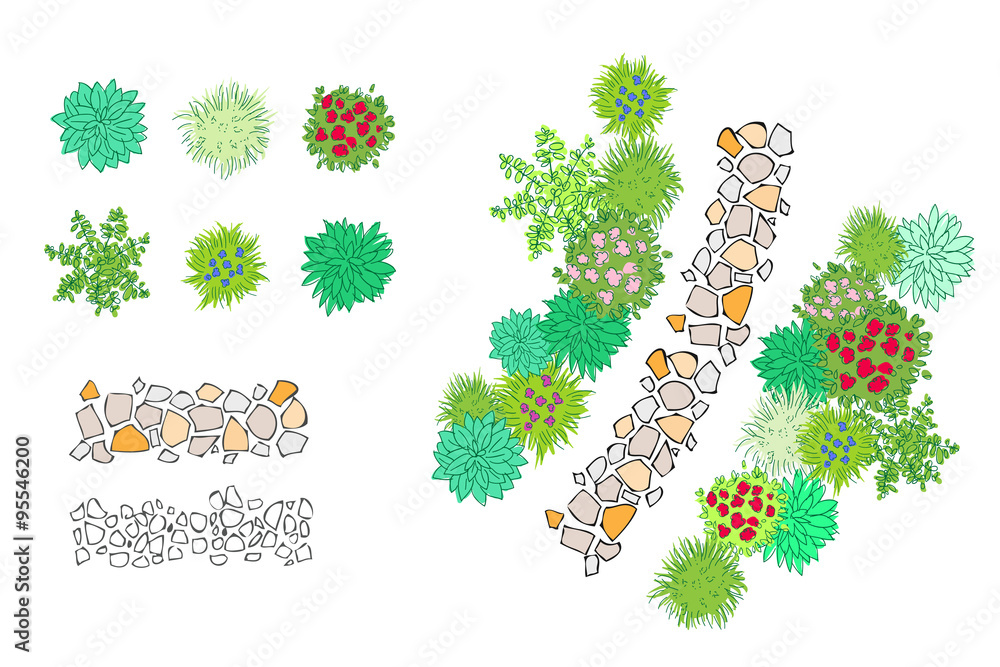 Set of hand drawn landscape design elements, vector illustration Stock ...
