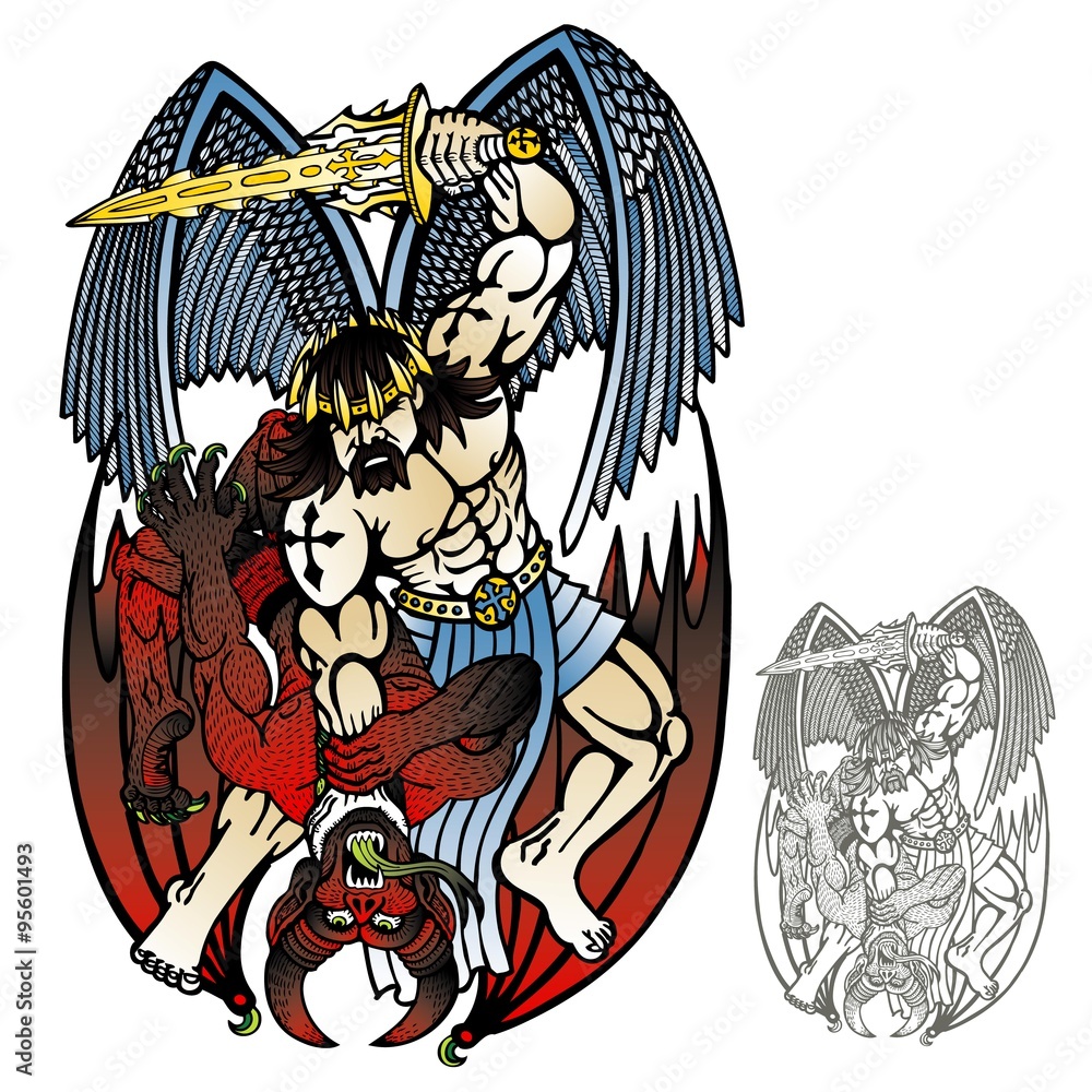 Jesus Angel defeating Devil Satan Stock Vector | Adobe Stock