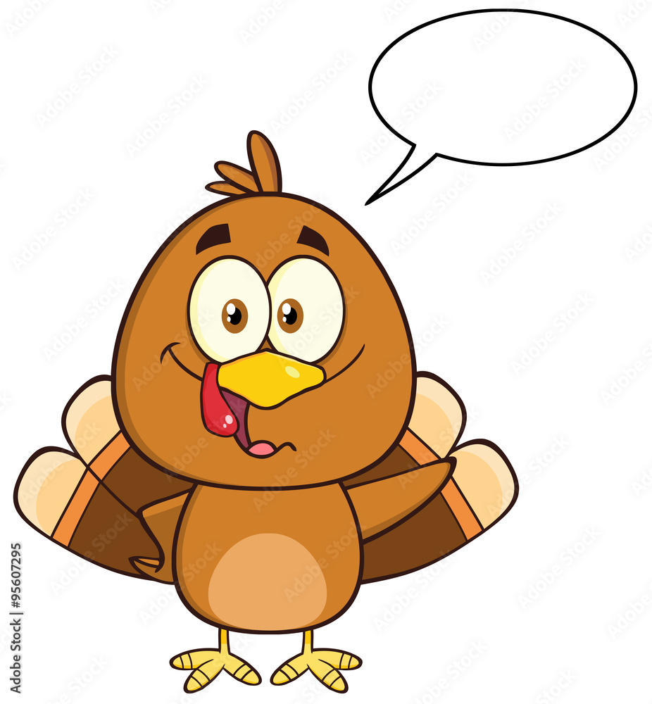 Funny Turkey Bird Cartoon Character Waving With Speech Bubble Stock ...