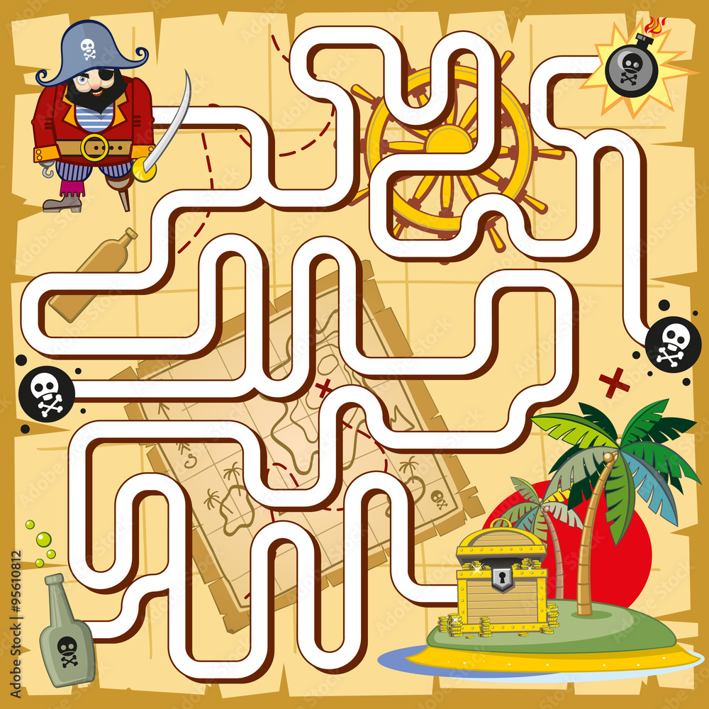 Pirate maze, labyrinth game for preschool children. Vector illustration ...