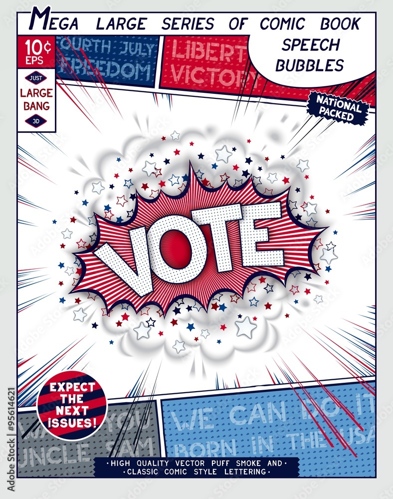 Vote. Explosion in comic style with lettering and realistic puffs smoke ...