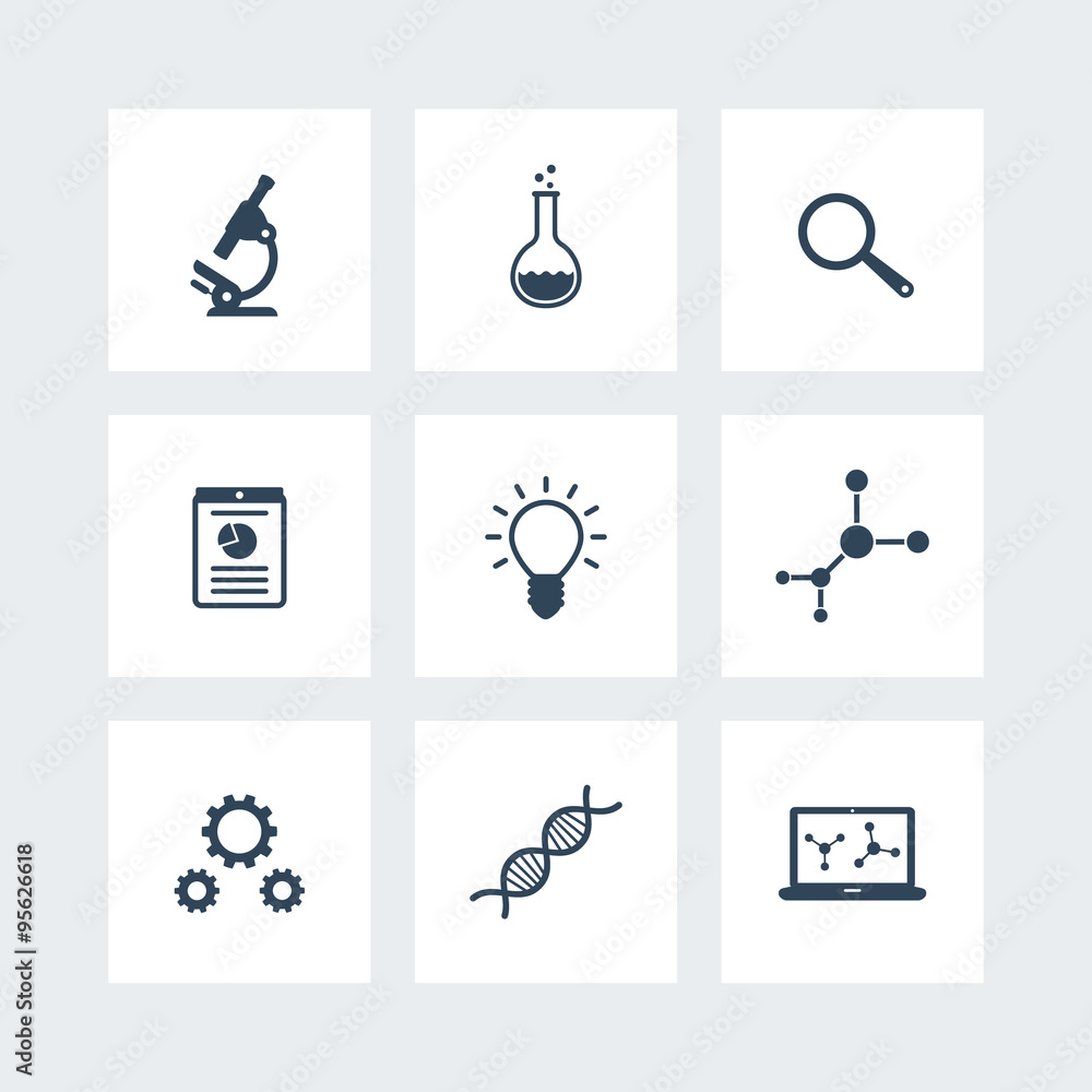 Science, research, laboratory icons set, vector illustration Stock ...