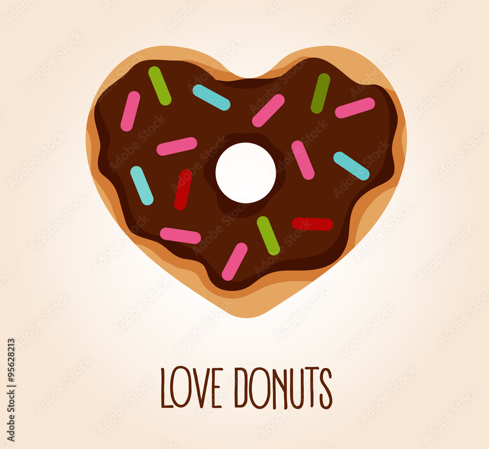 Vector flat style illustration of donut in heart shape with glaze and ...