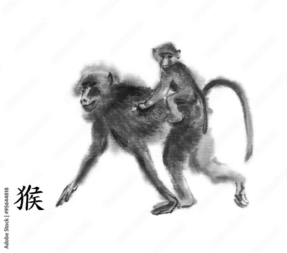 Monkey oriental ink painting with Chinese hieroglyph "monkey". Baboon ...