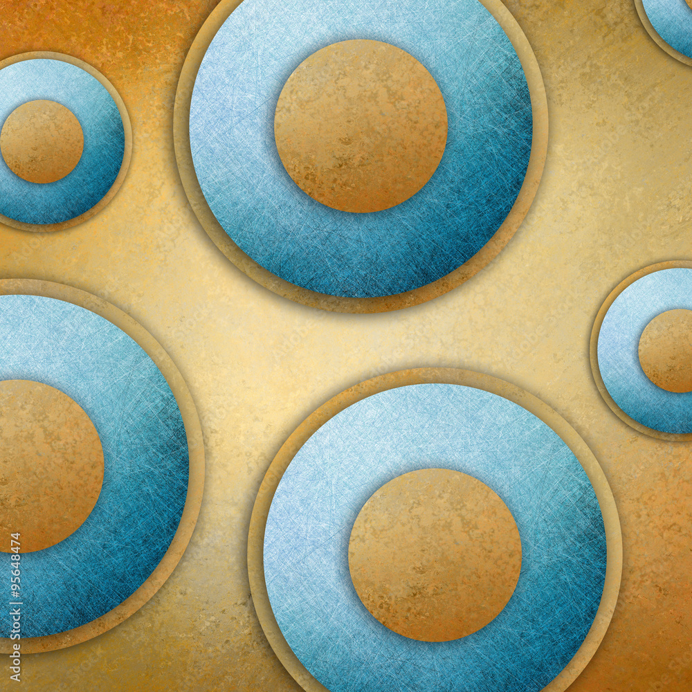 yellow and blue circle shapes layered on gold background, abstract fun ...