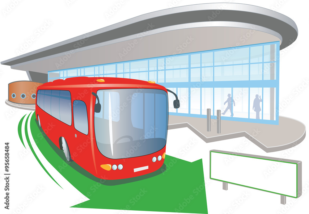 Bus with bus station, arrow and sign Stock Vector | Adobe Stock