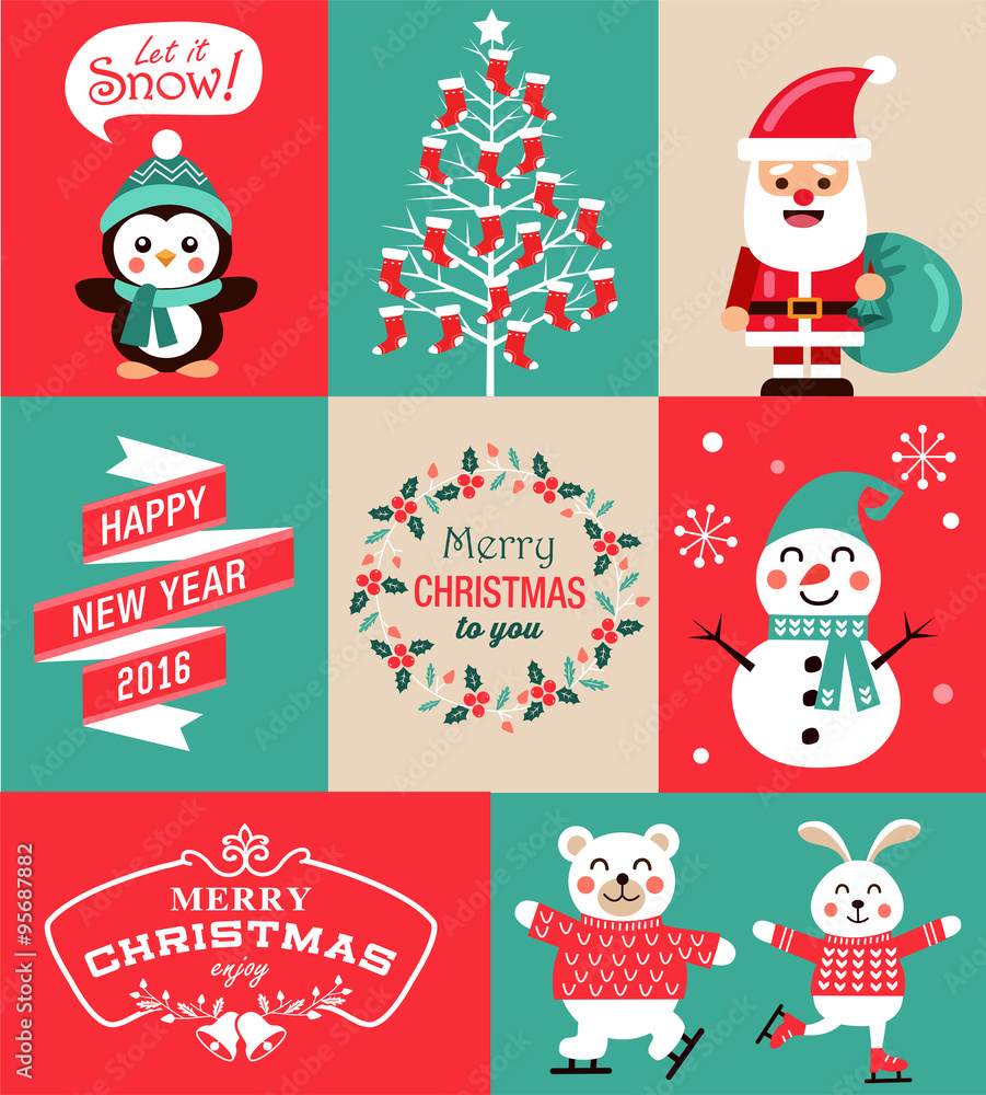 Vector set of Christmas symbols, greeting card, banner and poster ...