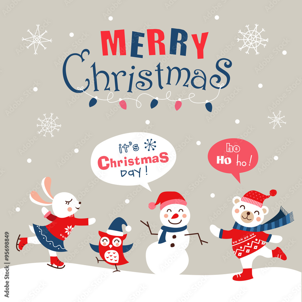 Funny cartoon christmas card, banner and poster design. Vector ...