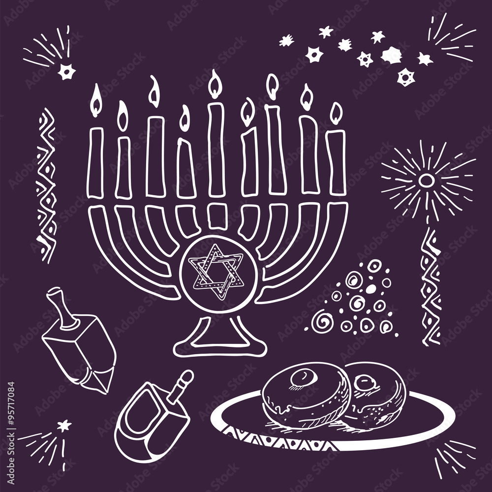 Chanukah hanukkah traditional jewish holiday doodle symbols set ...