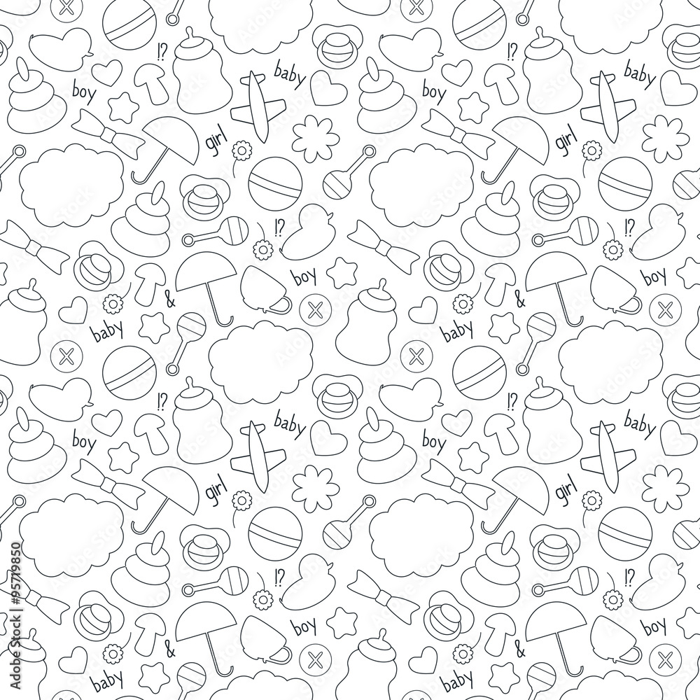 Cute hand drawn baby seamless pattern. Background in black and white ...