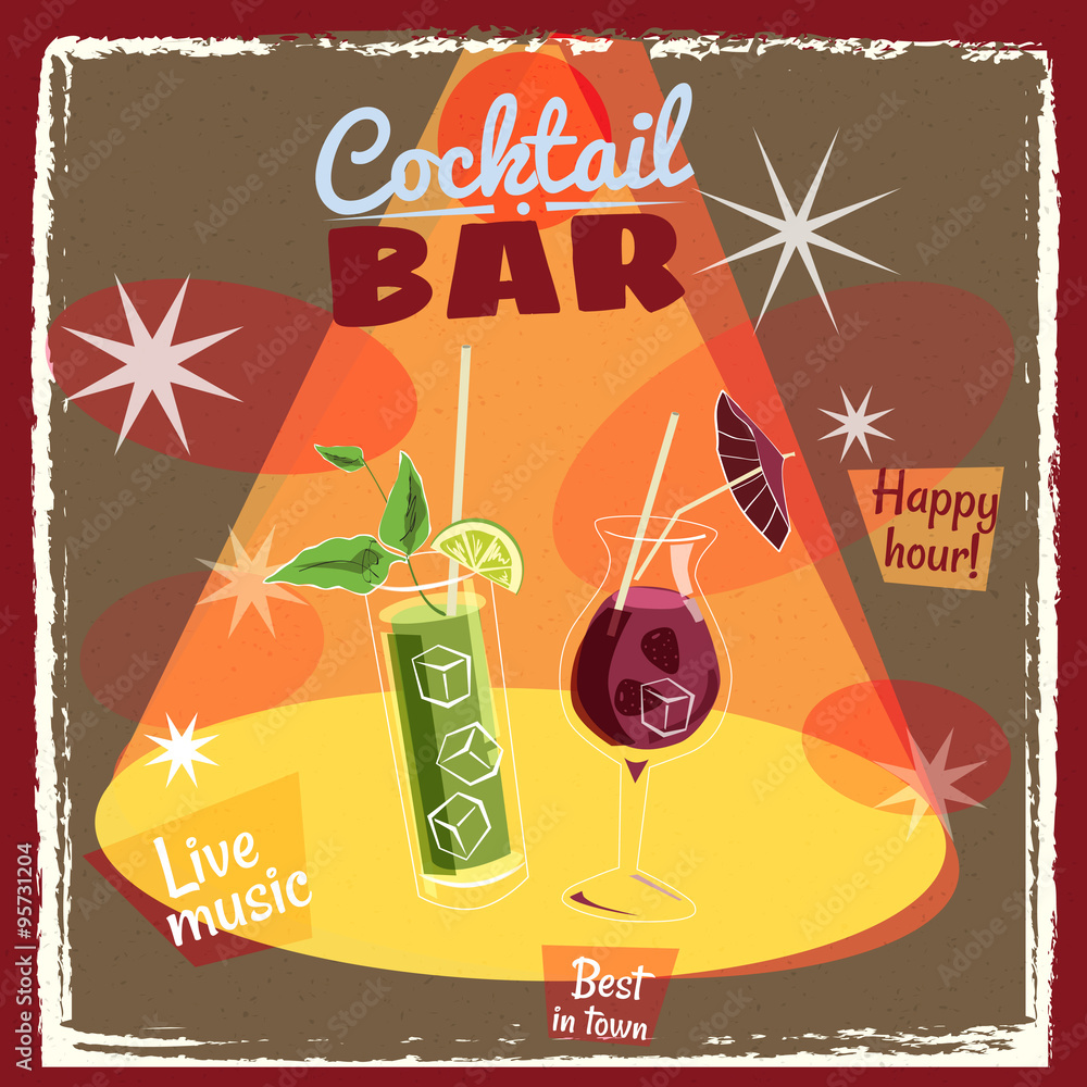 Cocktails menu bar, cartoon, vintage, vector, banner, illustration ...