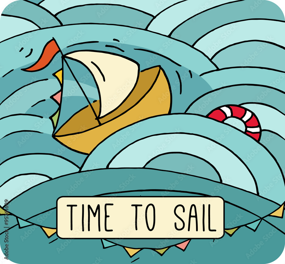 Cartoon ship sails on the sea. Cute boat floating on water with flags ...