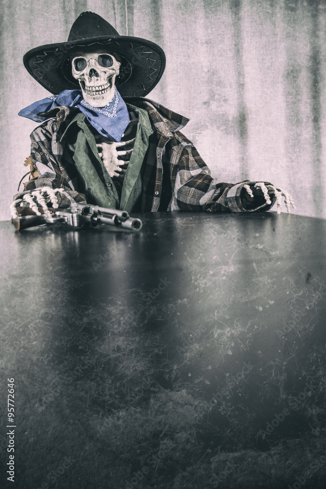 Old West Skeleton Revolver Copy Space. Old west bandit outlaw skeleton ...