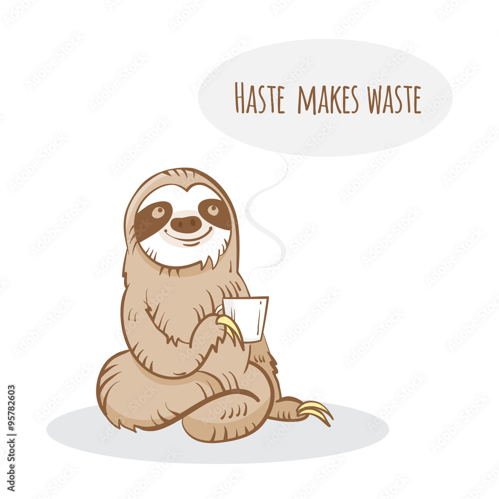 Vector card with cartoon sloth. Rest and tea drinking. Stock Vector ...