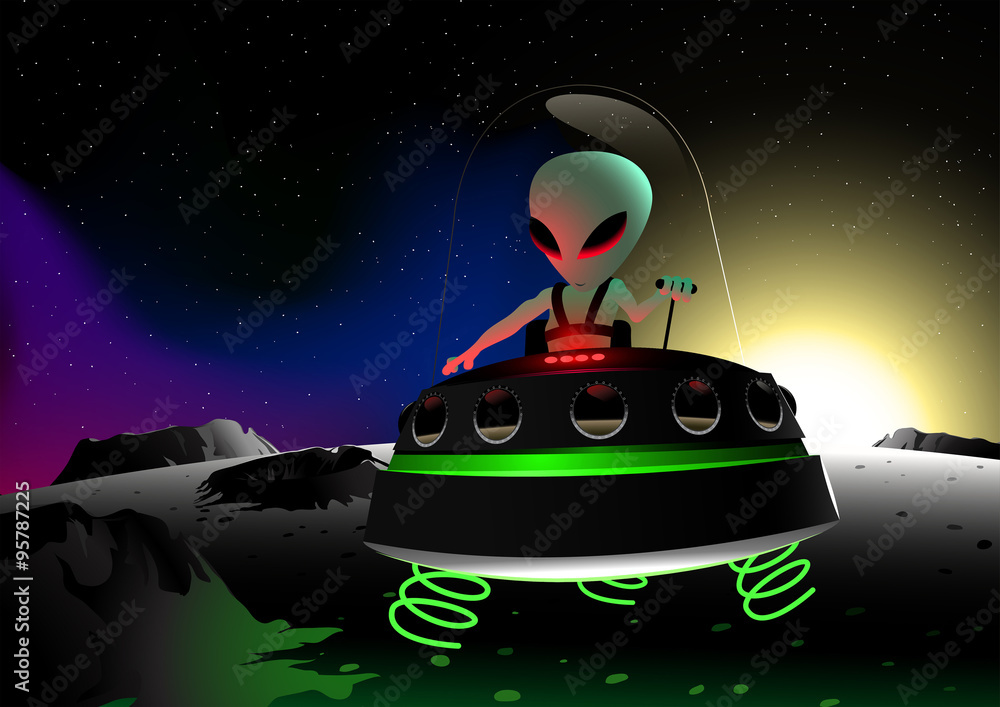 Grey alien flying on moon surface in a UFO Stock Vector | Adobe Stock