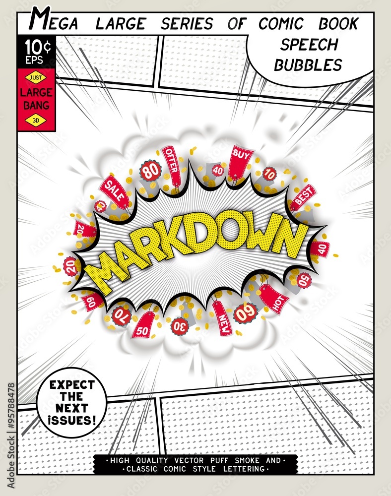 Markdown. Explosion in comic style with lettering and realistic puffs ...