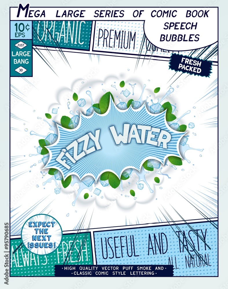 Fizzy water. Colorful explosion with mint leaves, ice, water splashes ...