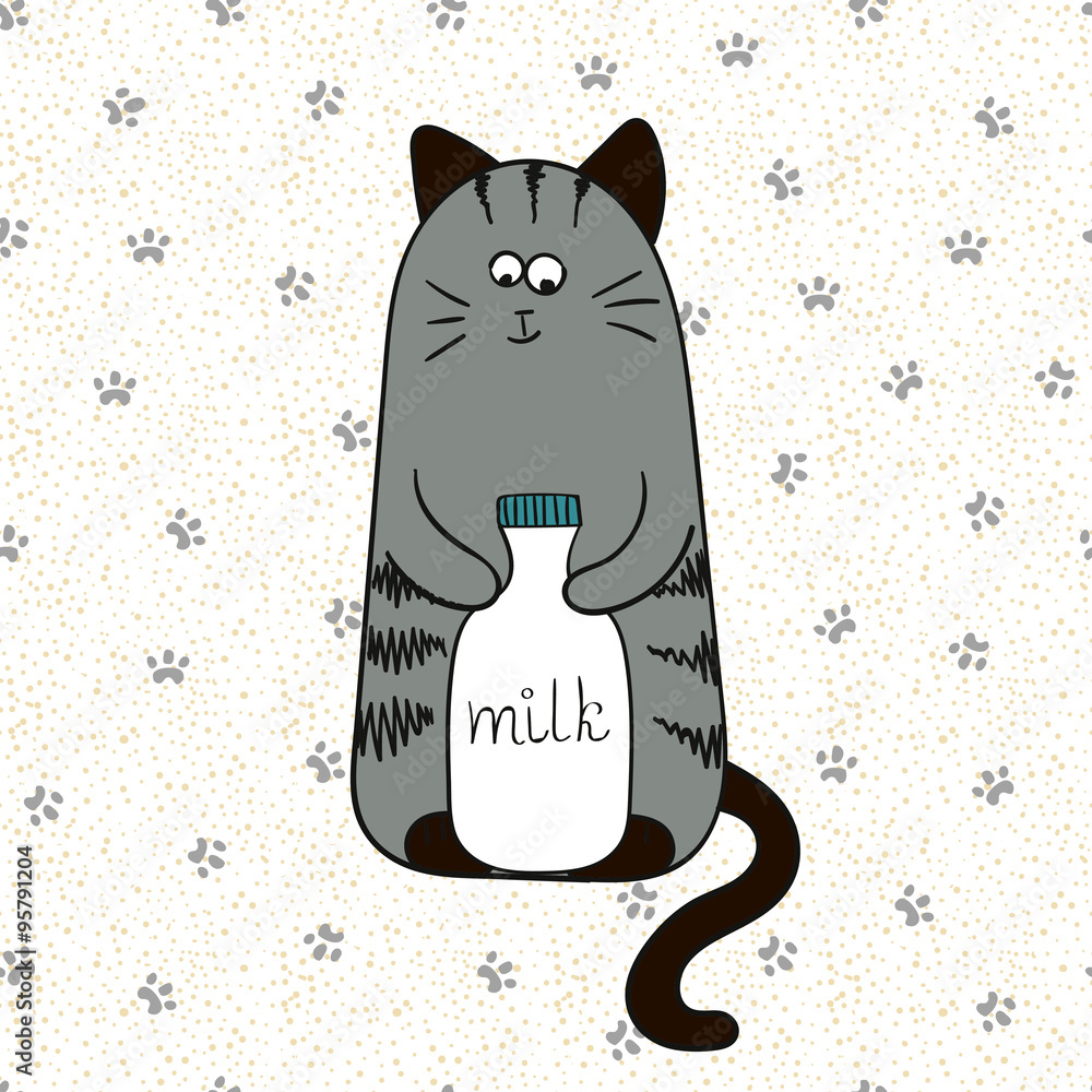 Cartoon cute cat with bottle of milk. Doodle vector illustration. Stock ...
