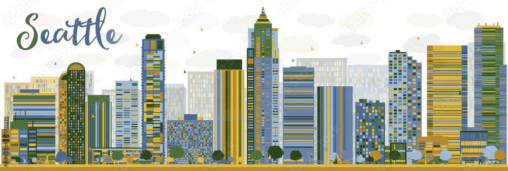 Abstract Seattle City Skyline with color Buildings. Some elements of ...