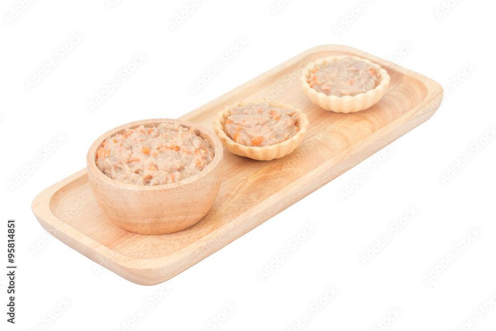 Homemade mini of tuna spread topping in wooden tray on white bac Stock ...