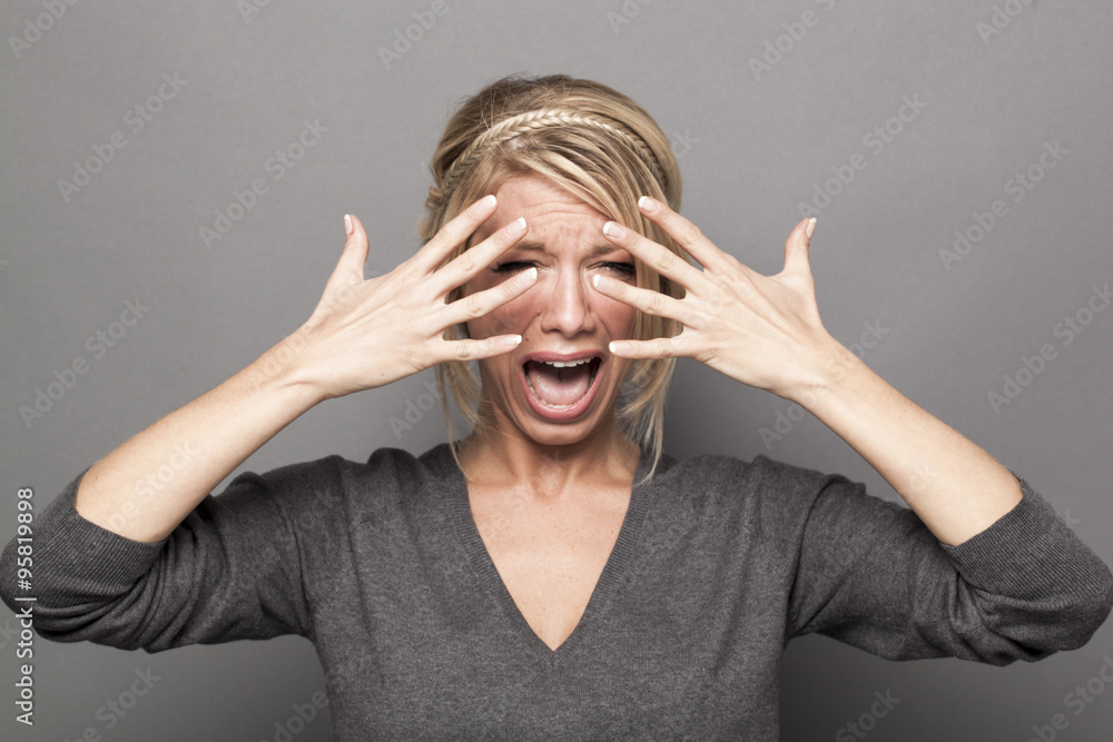 drama queen concept - crying out loud 20s blond girl complaining with ...