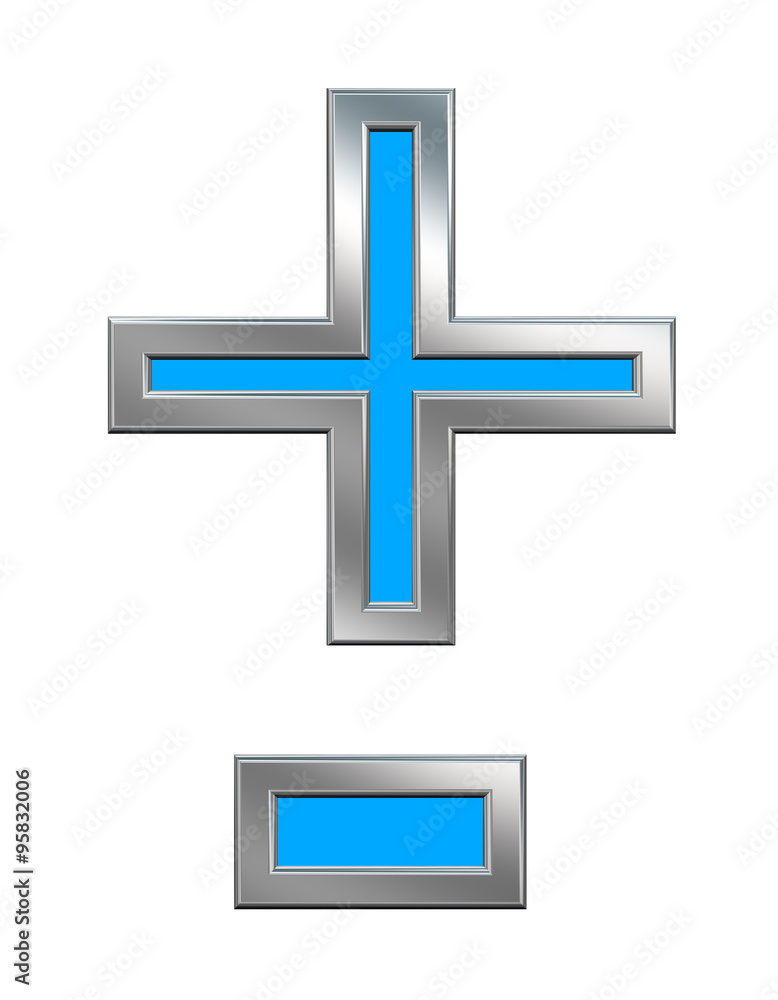 Hyphen, minus, plus marks from light blue with chrome frame alphabet ...