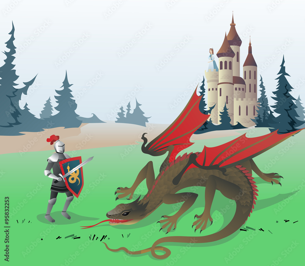 Knight fighting Dragon. The vector illustration of the Medieval Knight fighting Dragon to save ...