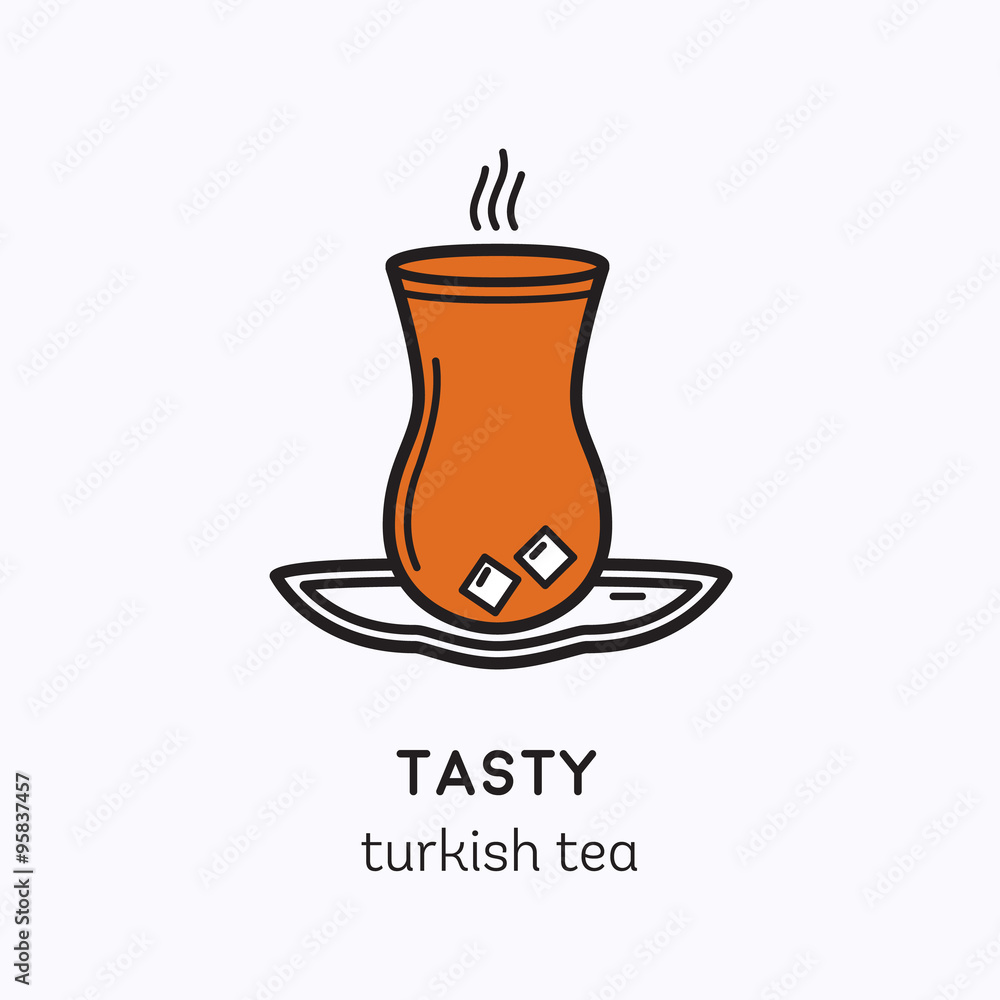 Turkish tea served in armud glass. Vector line logo with national drink ...