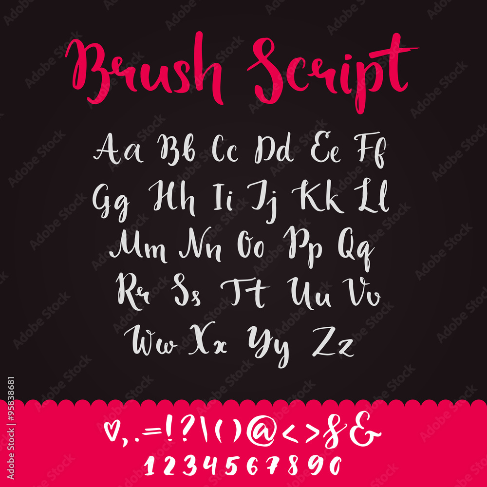 Brush script with lowercase and uppercase letters, keystrokes and ...