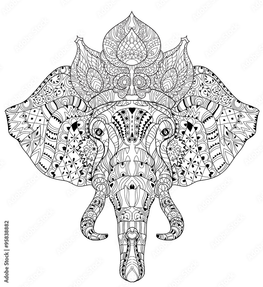 Elephant head zentangle doodle on white vector sketch. Stock Vector ...