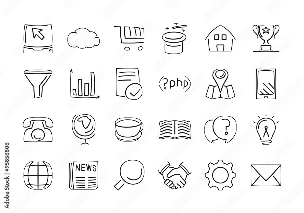 Collection of hand drawn outline internet icons. Simple doodle vector ...