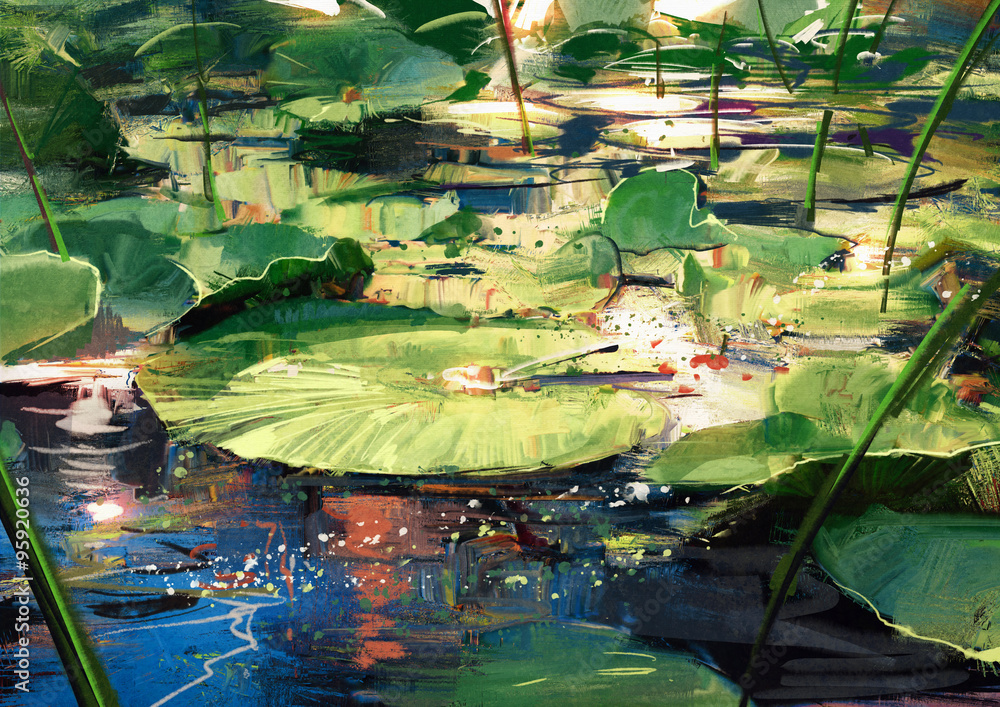 beautiful painting showing lotus leaves in pond Stock Illustration ...