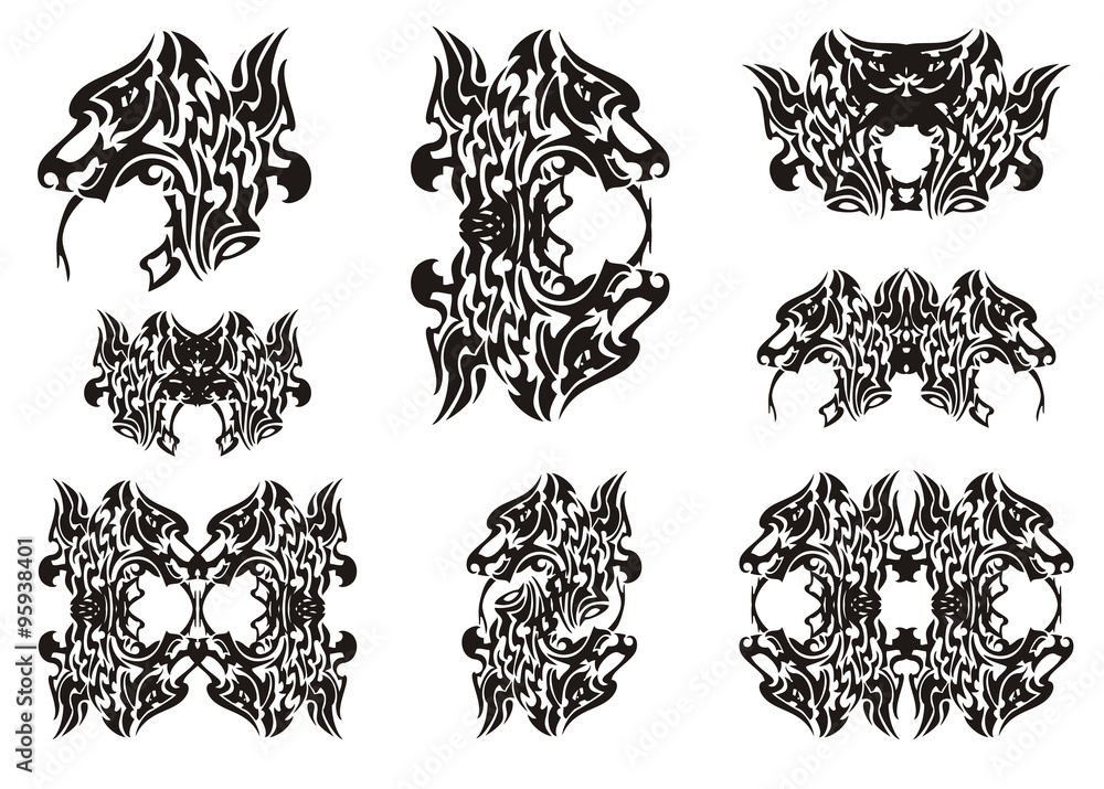 Dragon head symbols. Tribal dragon head frames and double dragon ...