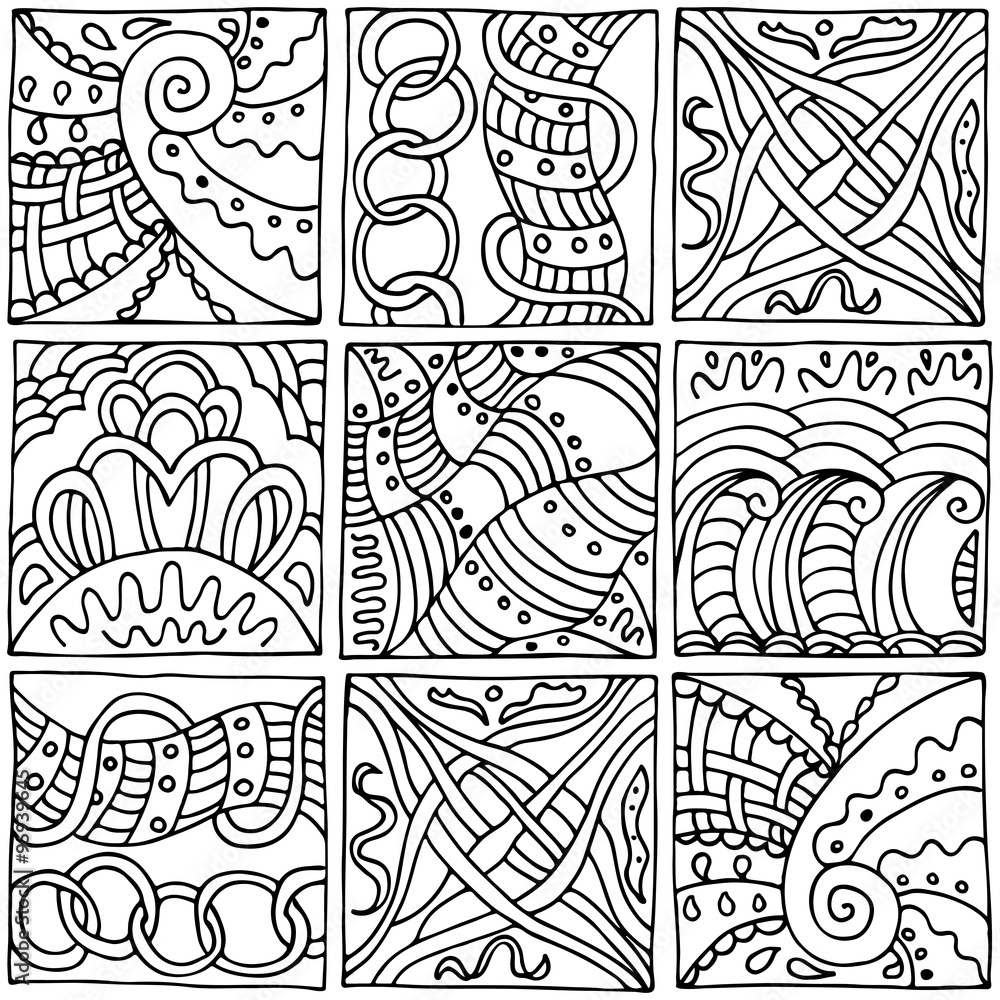 Seamless black and white pattern in the style of zentangle, consists of ...