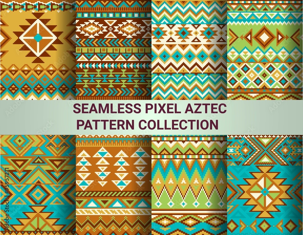 Collection of bright seamless pixel patterns in tribal style. Aztec ...