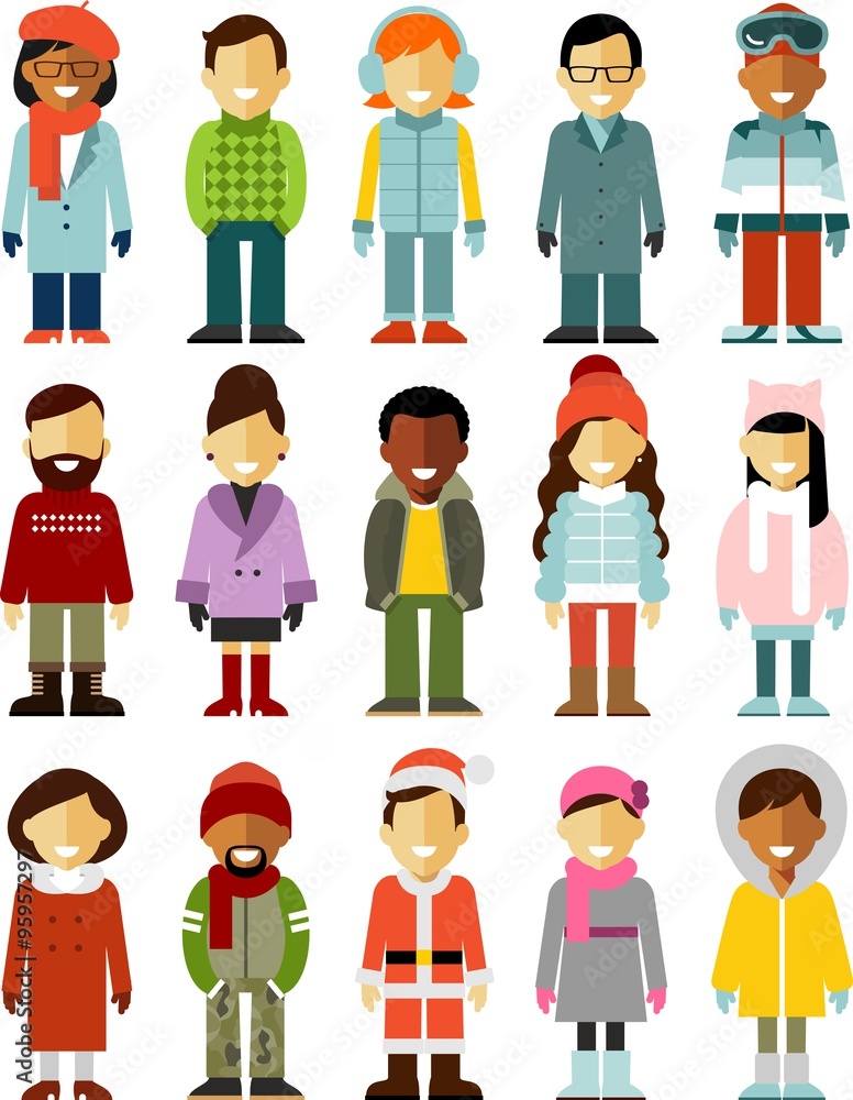 People winter characters stand set in flat style isolated on white ...