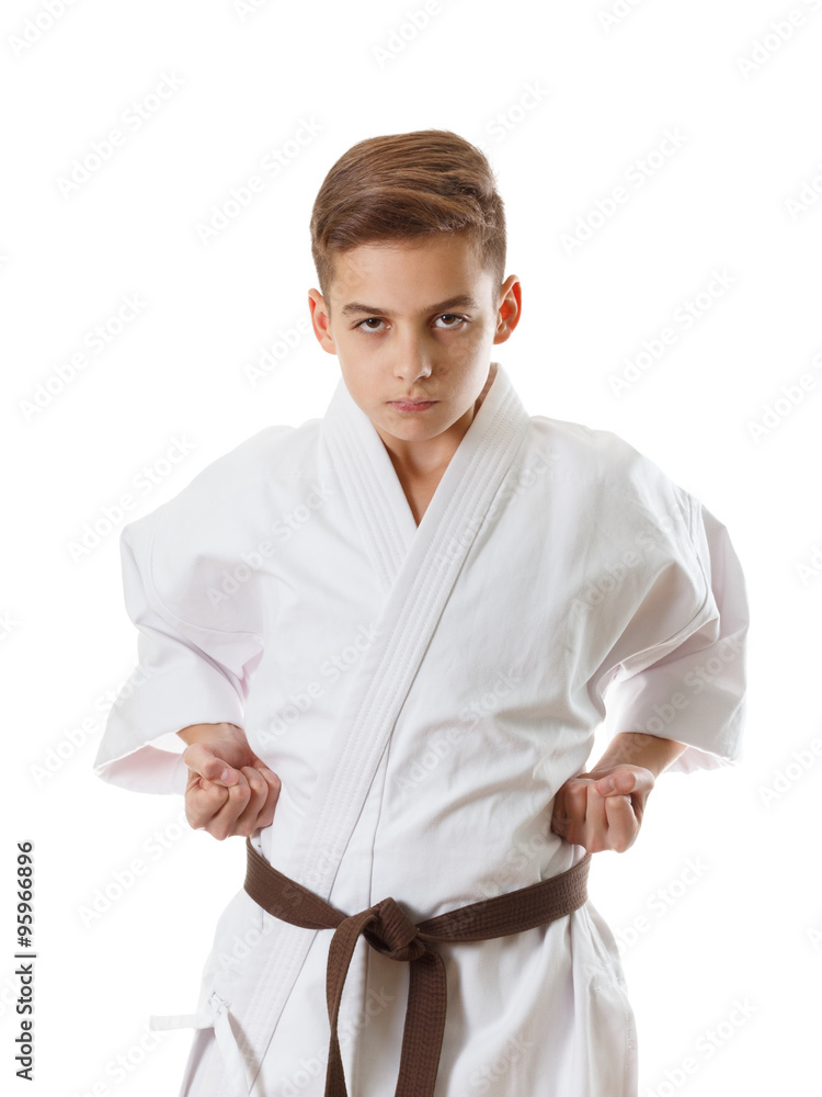 Martial art sport karate - child teen boy in white kimono training ...